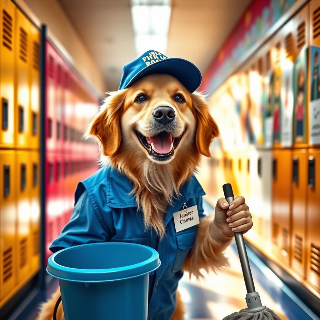Cheerful Dog in Janitor Uniform Brightens School Hallway