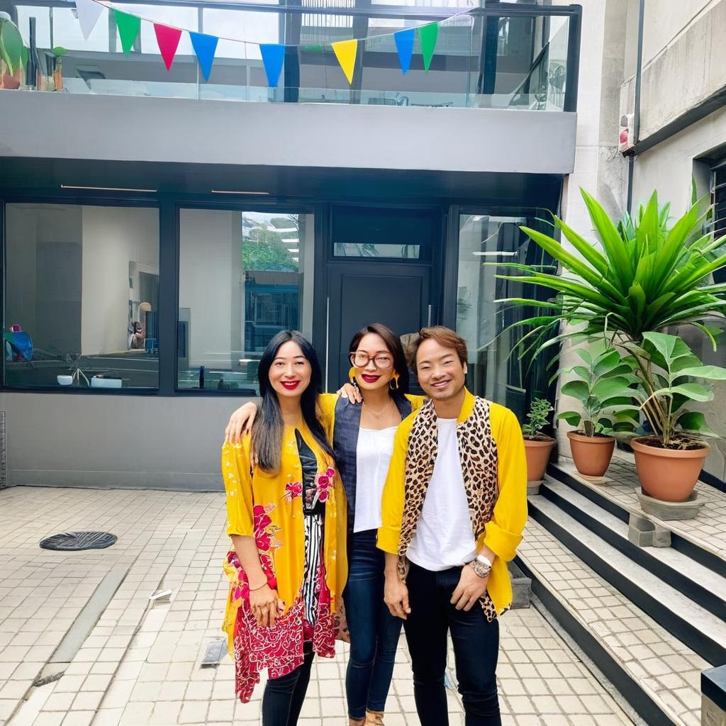 Vibrant Courtyard Fun: Three Friends in Colorful Traditional Attire