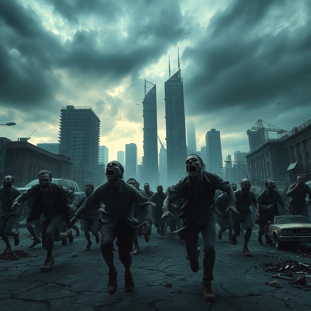 Eerie Post-Apocalyptic Cityscape with a Horde of Zombies