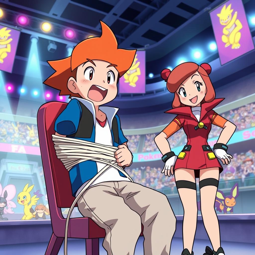 Whimsical Pokémon Scene Ash Tied Up And Jessie Smirking