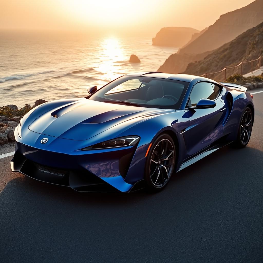 Experience Luxury: Stunning Metallic Blue Sports Car on a Coastal Adventure