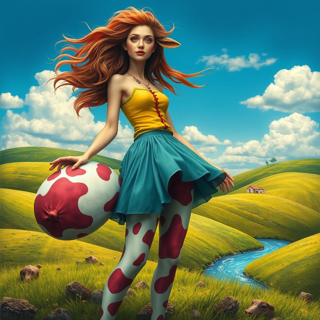 Surreal Art: Woman with Cow Udders in a Whimsical Landscape