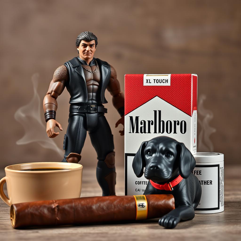 Dynamic Action Figure Scene with Cigarettes, Coffee, and a Playful Labrador