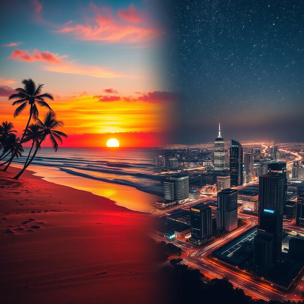 Surreal Art: Harmony of Sunset Beach and City Lights