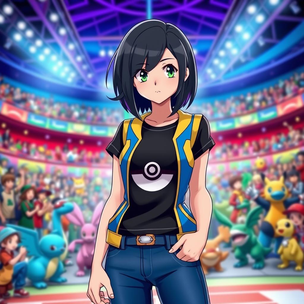 Dynamic Female Pokémon Trainer in Colorful Arena