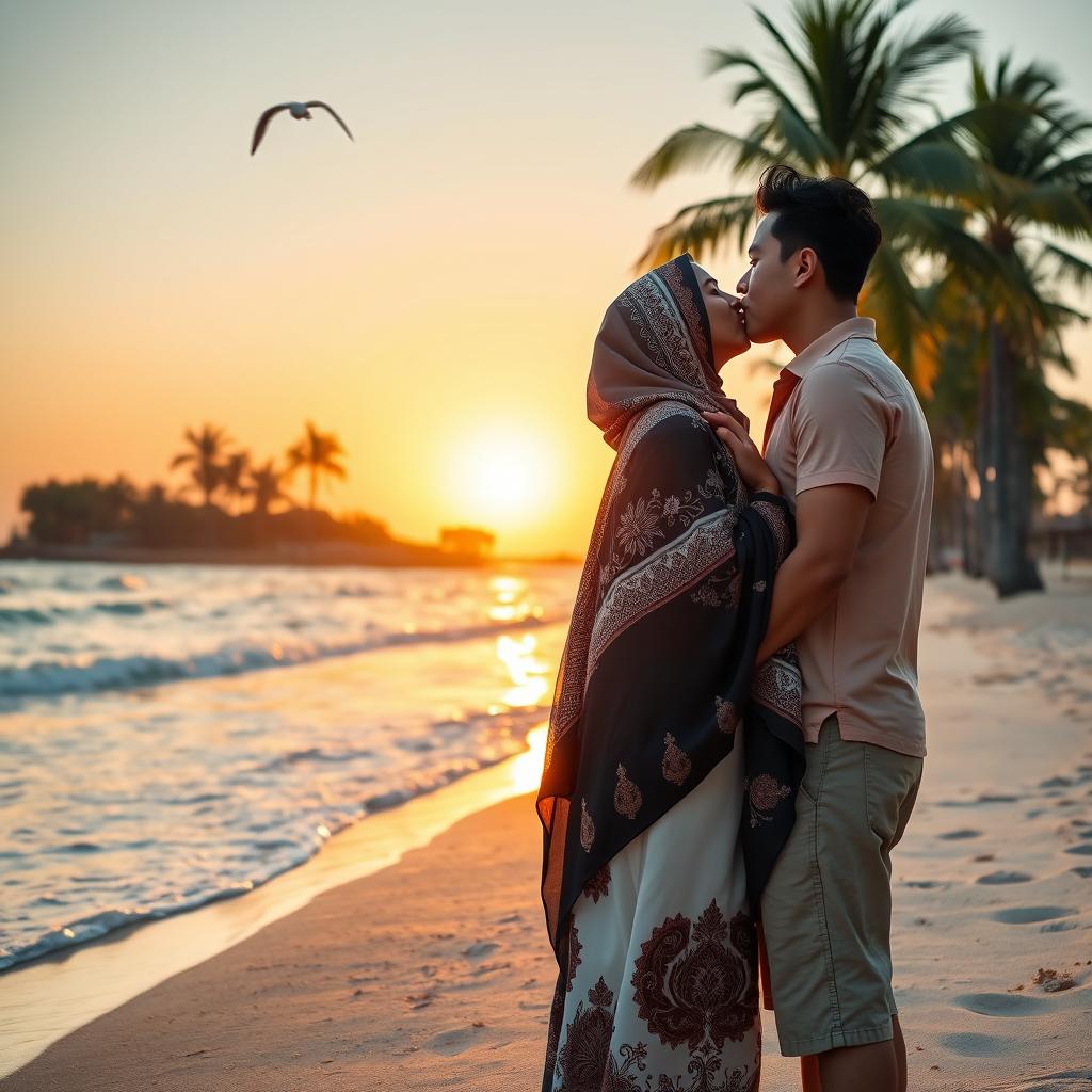 Romantic Beach Kiss: A Serene Sunset Scene