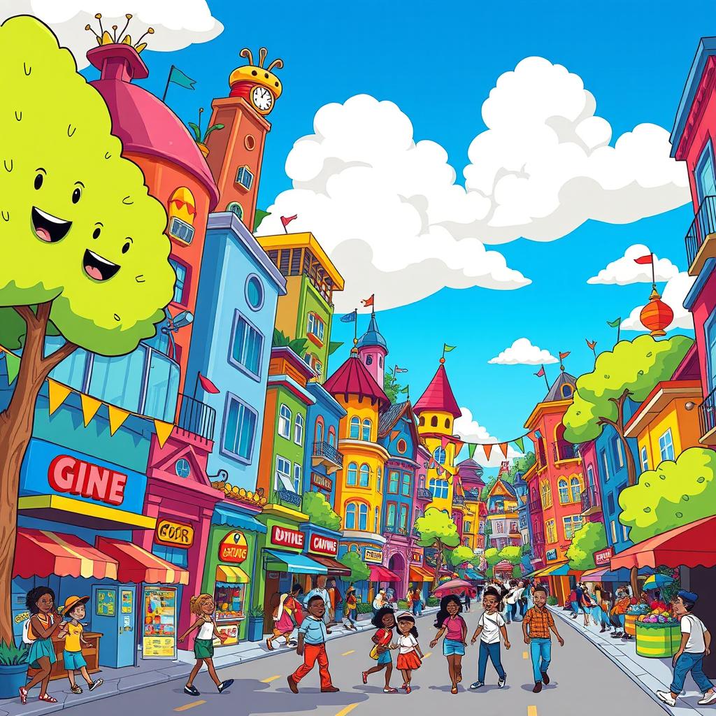 Vibrant Cartoon City Scene - Whimsical & Joyful Illustration