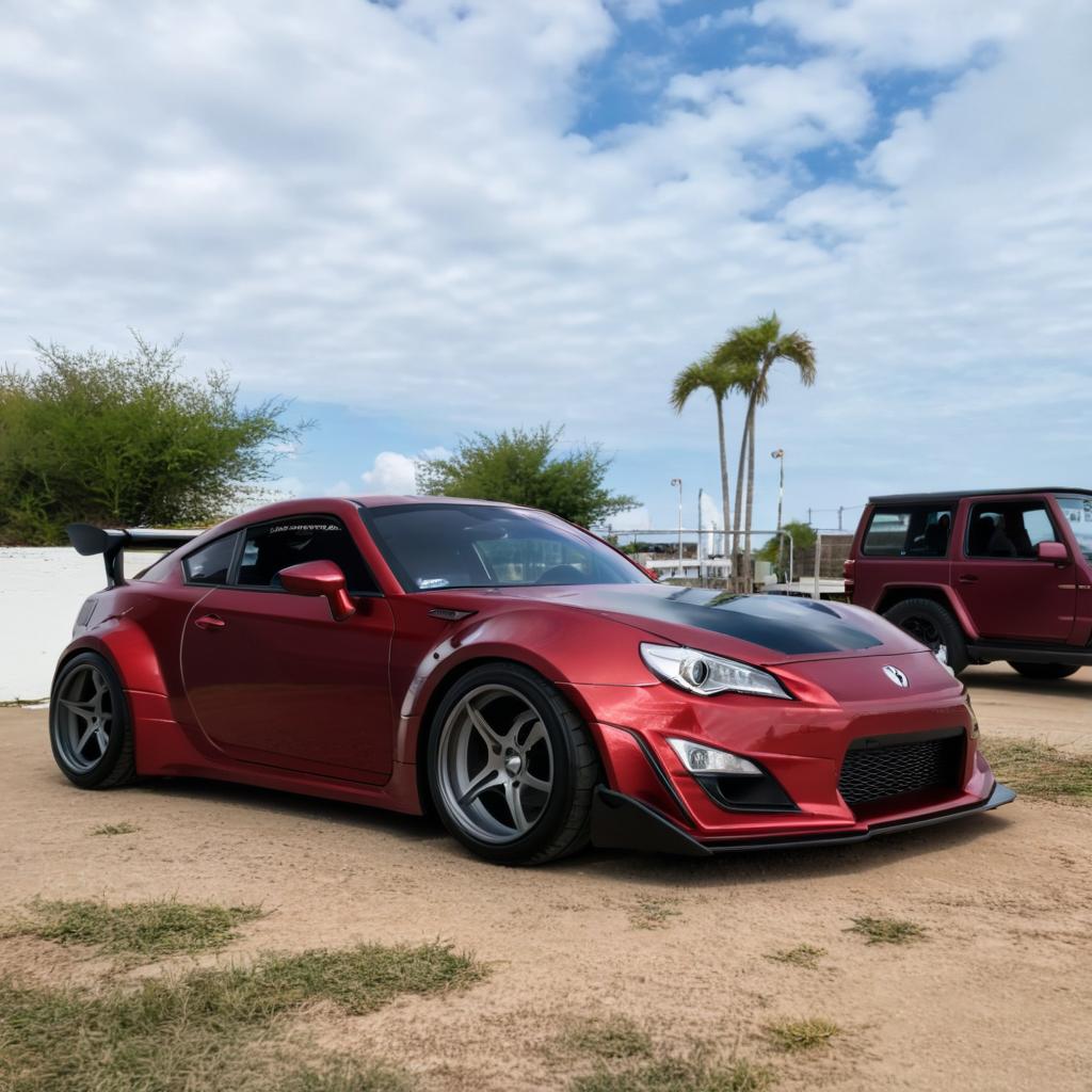 Sleek Red Rocket Bunny Car in Scenic Outdoors
