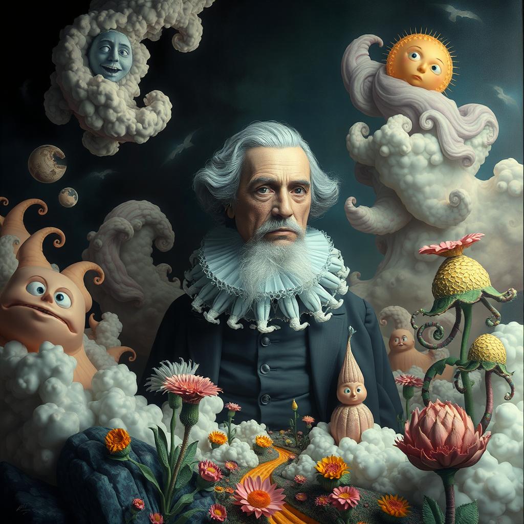 Surreal Artwork: A Historical Figure in a Dream-like Landscape