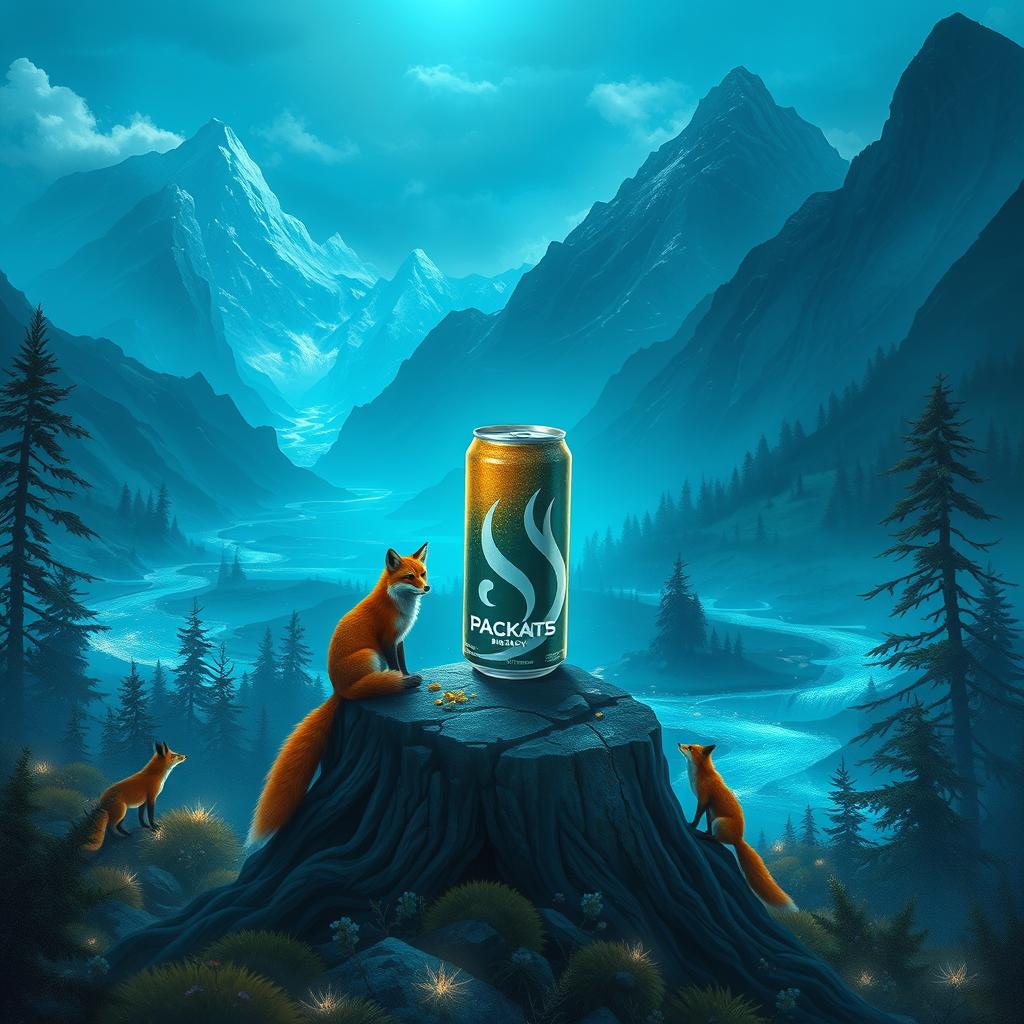 Epic Fantasy Energy Drink Artwork - Enchanting Landscape with Playful Foxes
