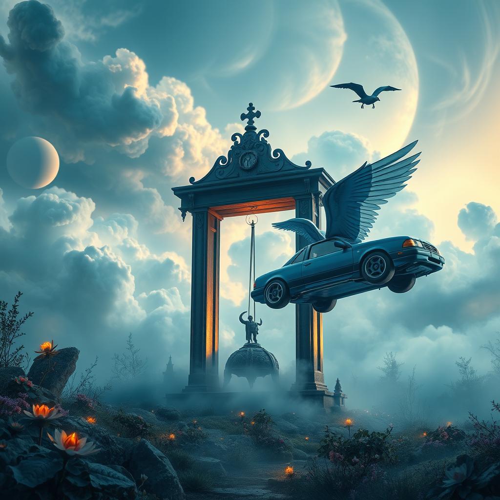 A Captivating Fantasy Scene: The Dramatic Guillotine and Winged Blue Car