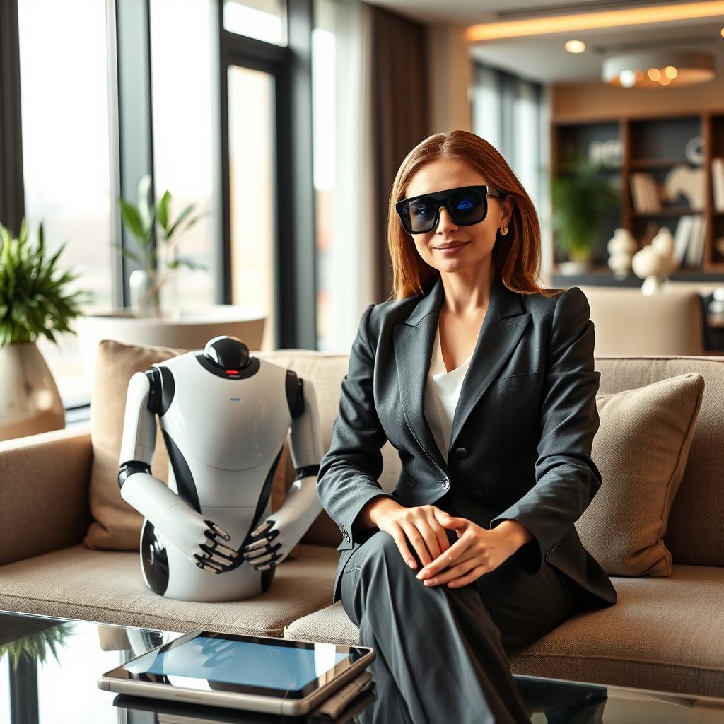 Modern Businesswoman and AI Assistant: A Stylish Office Environment