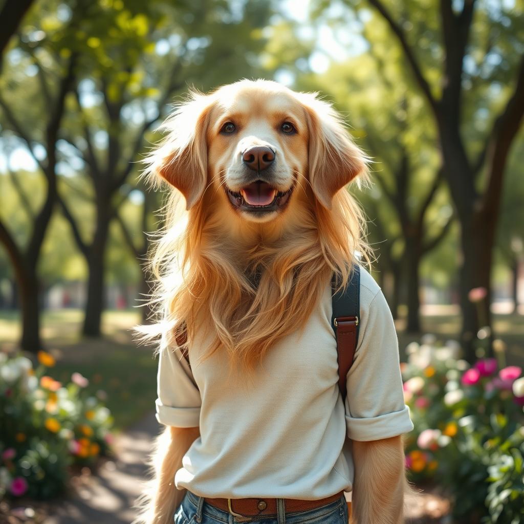 Whimsical Transformation: Golden Retriever to Human in a Sunny Park