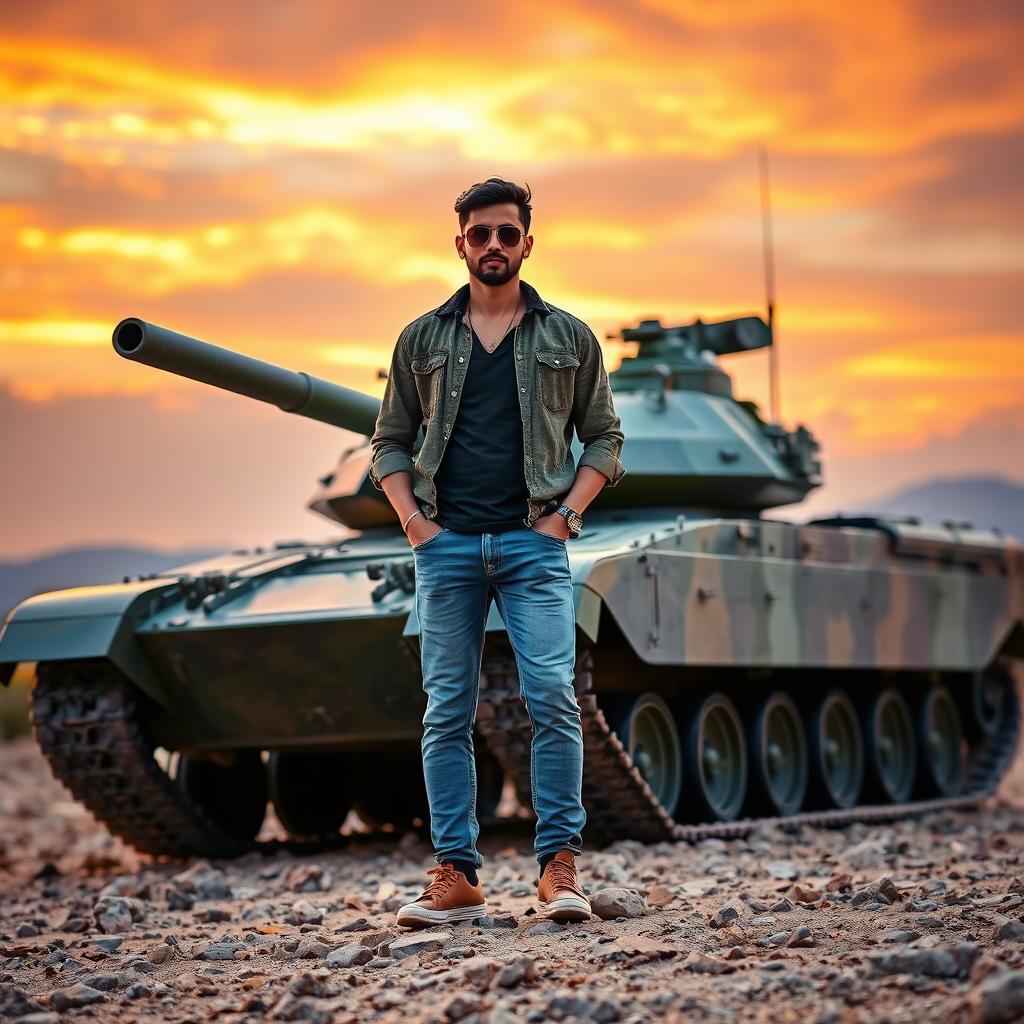 Confident Stance: A Person Beside a Modern Military Tank in a Dramatic ...