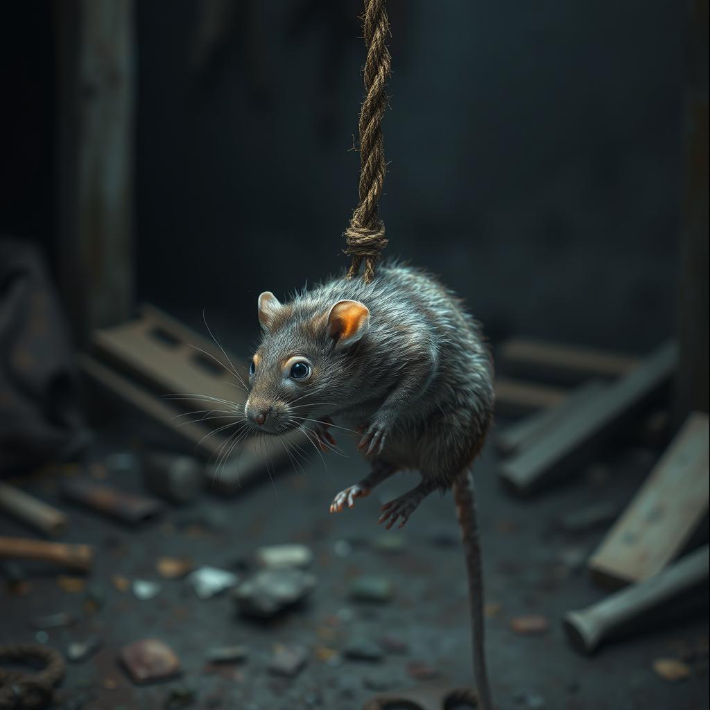 Somber Art: Lifeless Rat Suspended in Ghostly Abandonment