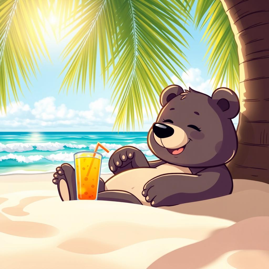 Relaxing Beach Day: Friendly Bear Enjoys Tropical Bliss