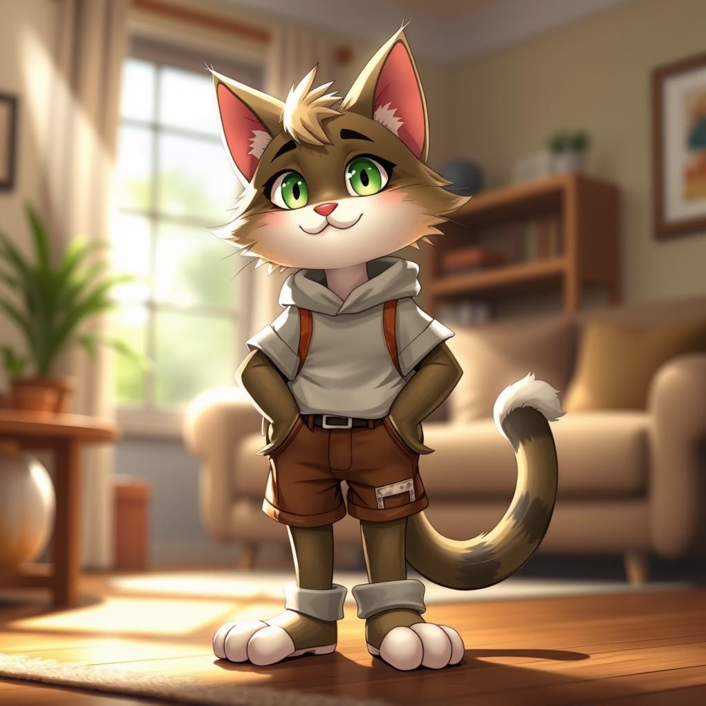 Playful Humanoid Cat Character in Cozy Living Room | Idyllic Ideas