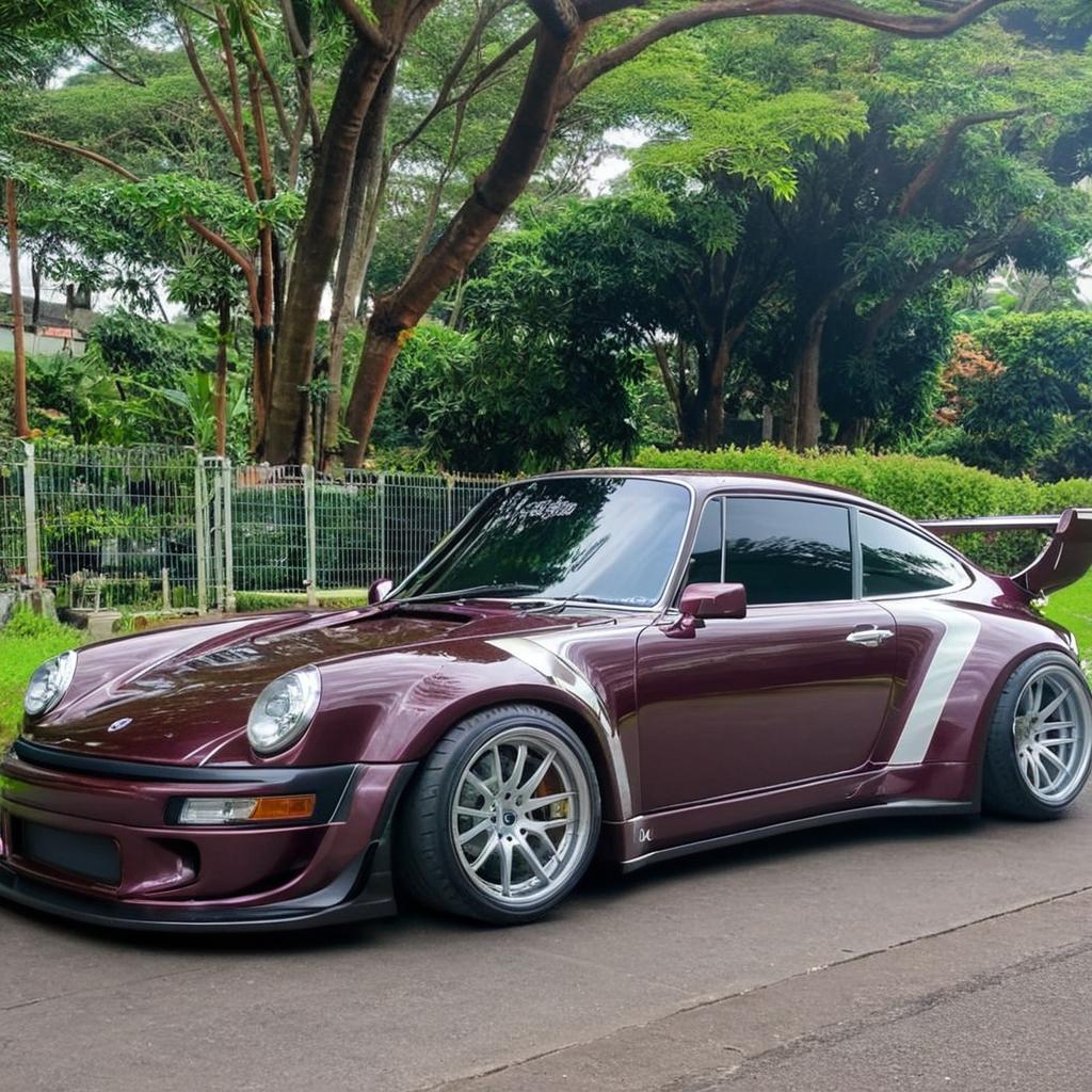 Stunning RWB Car with Glossy Purple Finish in Serene Park Setting