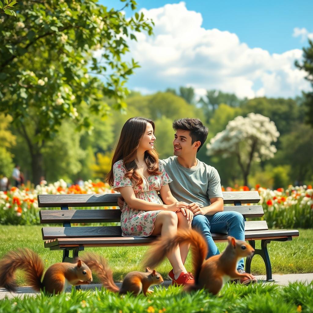 Cozy Romantic Park Scene: Young Couple in Blooming Nature