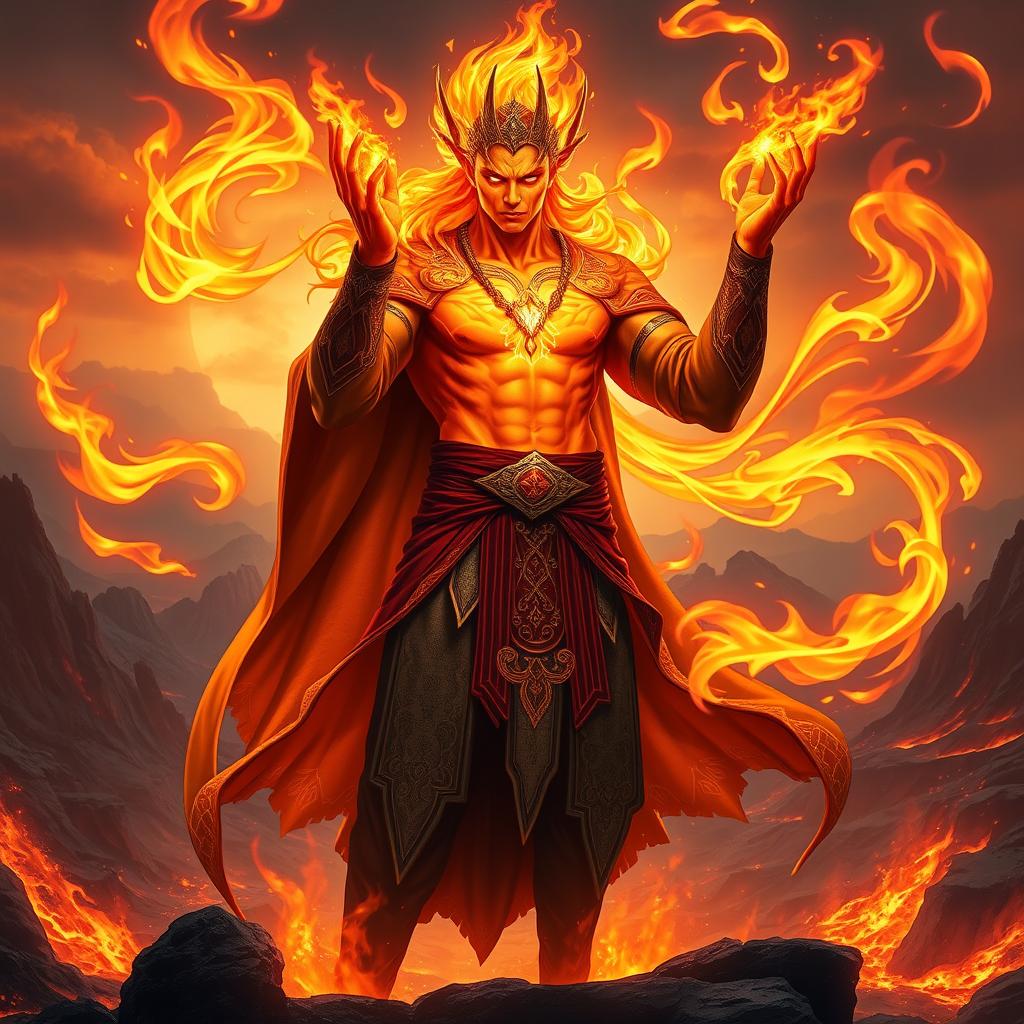 Fiery Portraits of a Male Fire Genasi Spell Caster | Idyllic AI Creations
