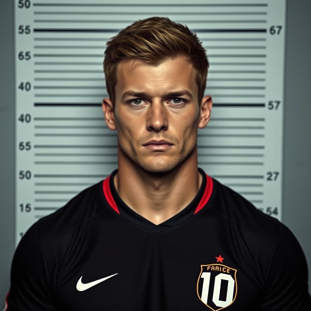 Fictional Mugshot of Mark Higgins: The Athletic Icon in Blue