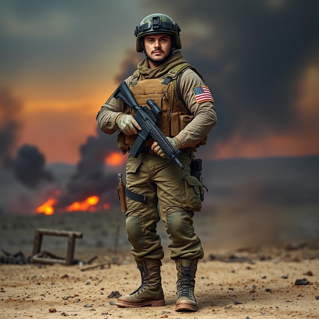 Heroic Soldier in War-Torn Landscape - Valor and Resilience