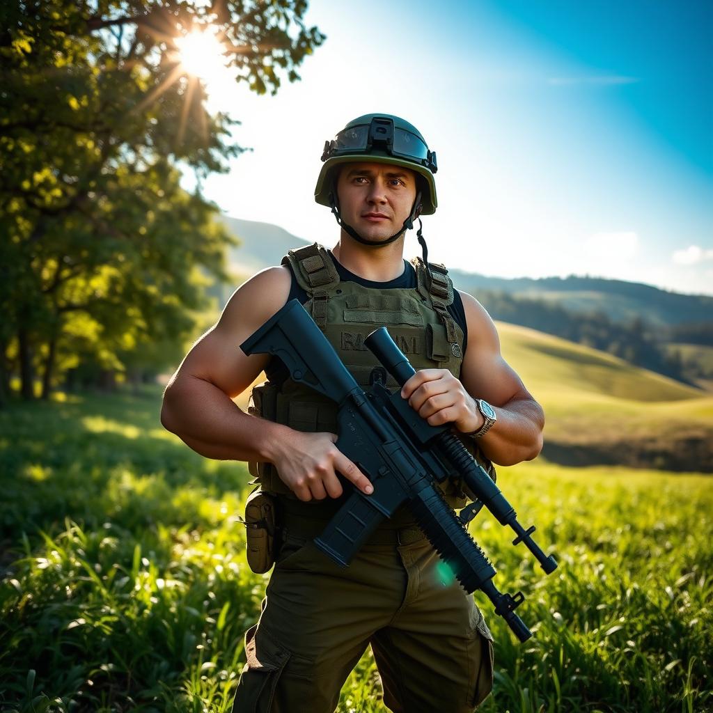 Determined Soldier in Lush Battlefield – Strength & Bravery