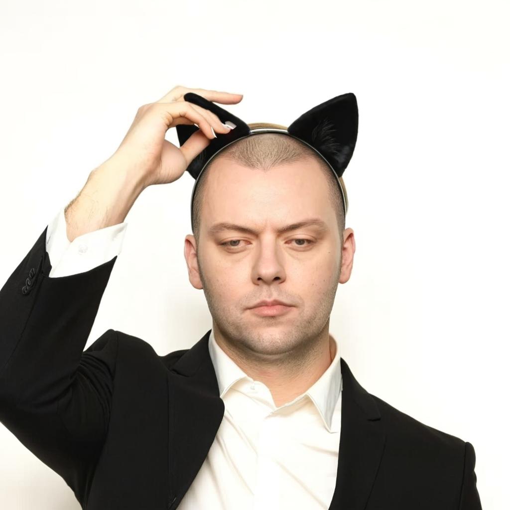 Frustration with a Twist: Man in Suit and Playful Cat Ears
