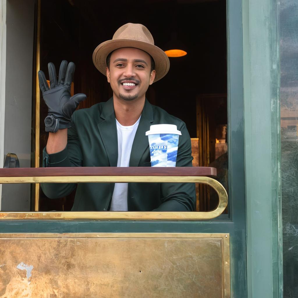 Humorous Barista: A Playful Cafe Scene with Comical Expressions