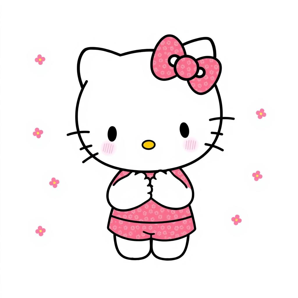 Charming Hello Kitty Art: Cute Bowing Pose with Pink Flowers