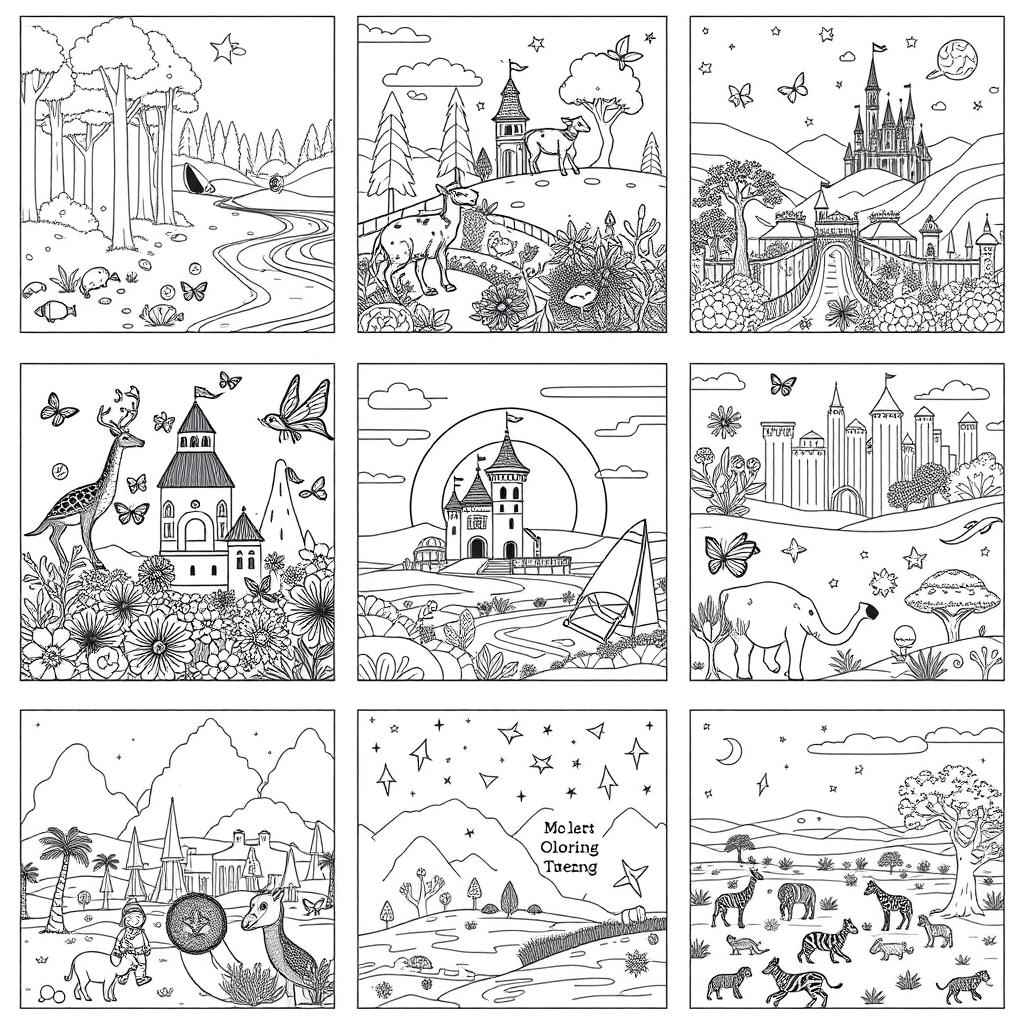 Whimsical Coloring Adventure: 8 Intricate Line Drawings for All Ages