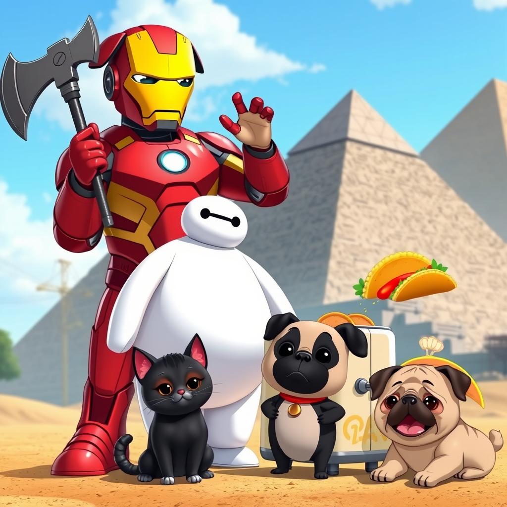 Whimsical Iron Man, Pug & Friends at the Pyramids | Idyllic AI Art