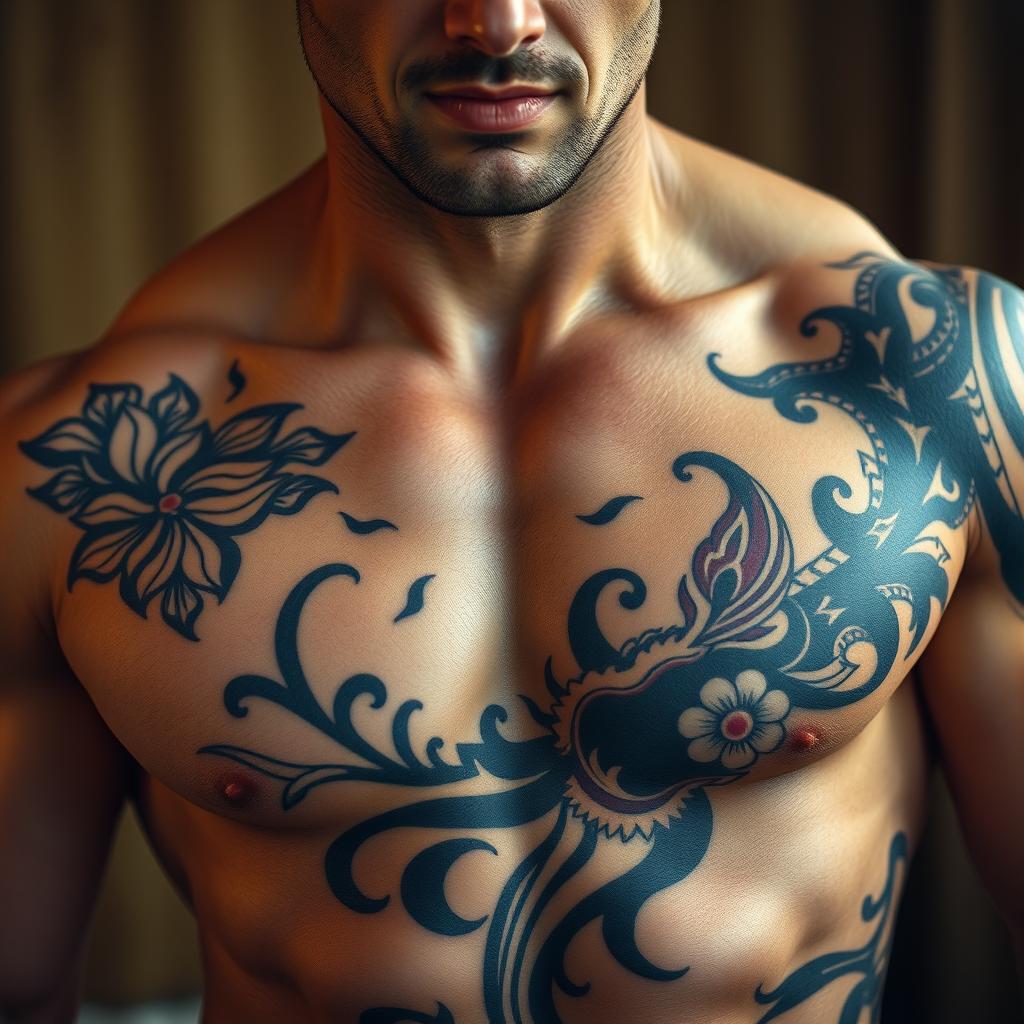 Intricate Tattoo Art on a Muscular Chest – A Dynamic Close-Up