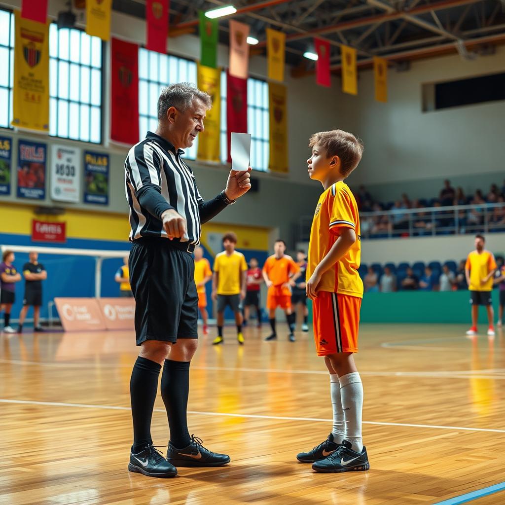 Dynamic Futsal Scene: Referee and Young Player in Action