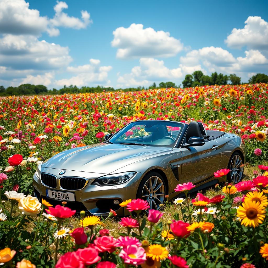 BMW Sports Car in a Vibrant Flower Field - A Visual Delight