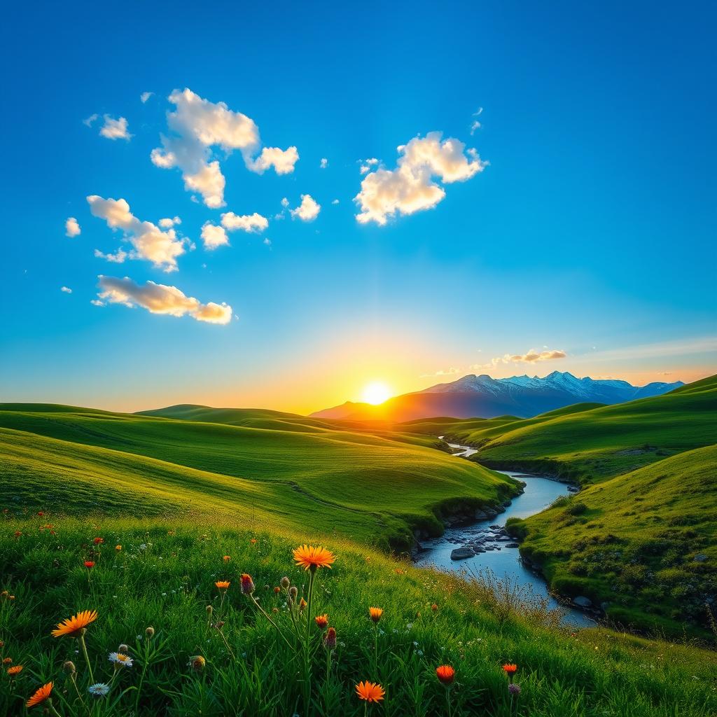 Tranquil March Landscape: Rolling Hills and Vibrant Wildflowers