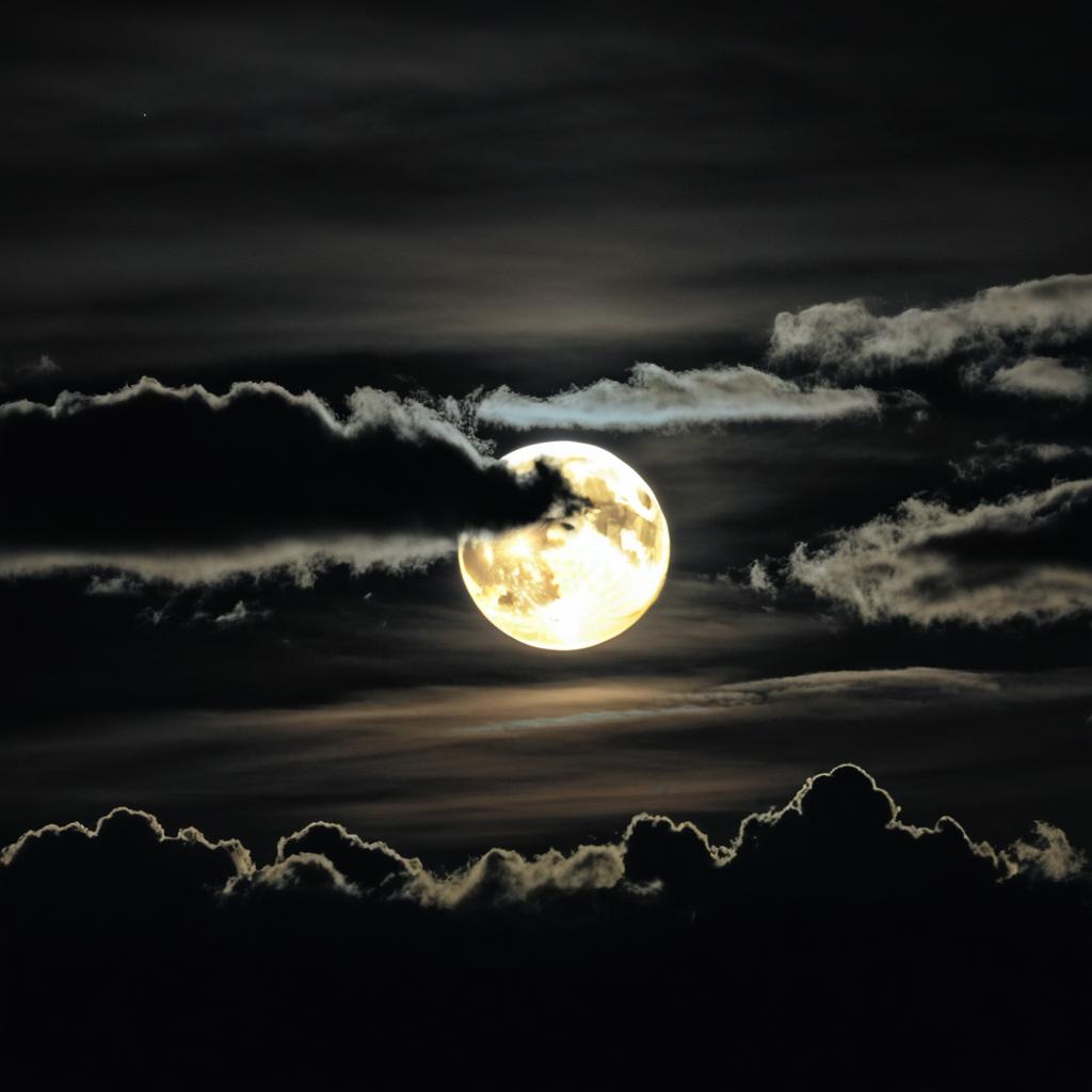Cinematic View of a Radiant Moon Surrounded by Ethereal Clouds