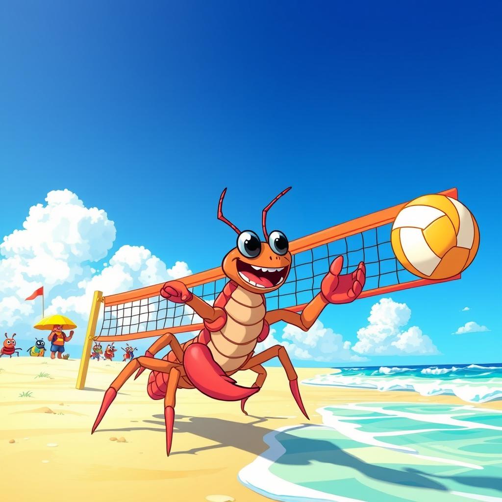 Playful Scorpion Spikes Volleyball in Vibrant Beach Animation