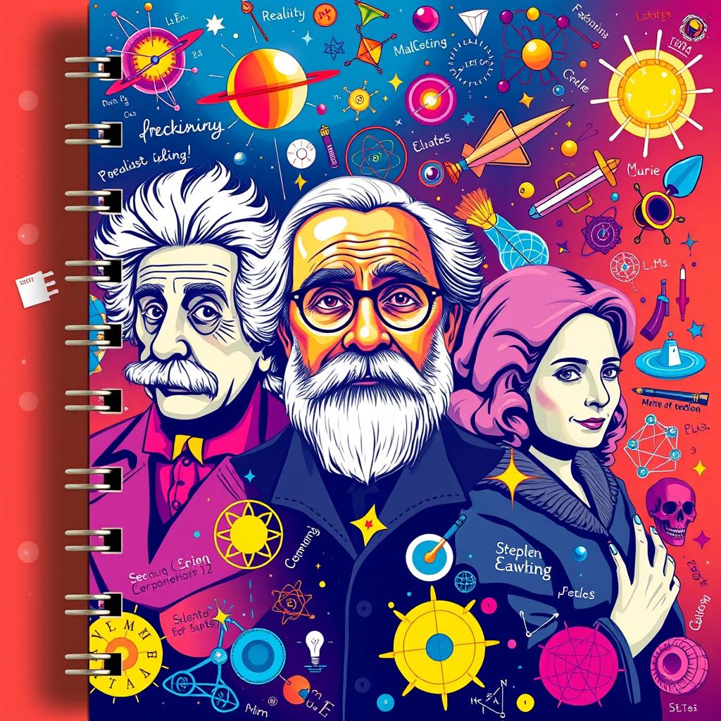 Vibrant Physics Notebook Cover Design Featuring Iconic Physicists