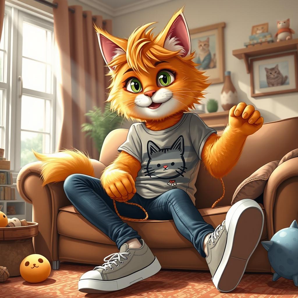 Whimsical Transformation: Fluffy Orange Cat Becomes Playful Human