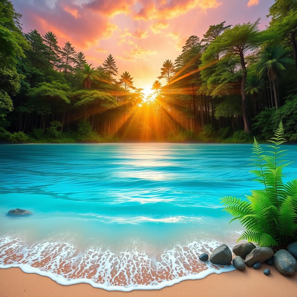 Seamless Sunset Beach & Lush Forest Merge - Idyllic AI Art
