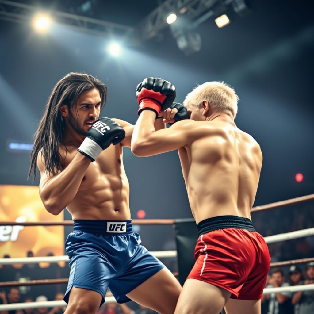 Intense MMA Fight Scene: Thrilling Roundhouse Kick in the Octagon