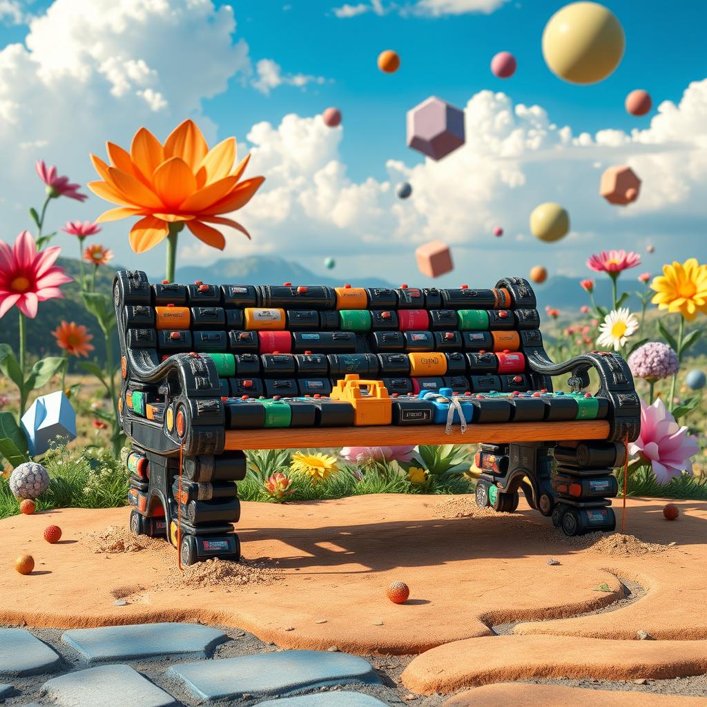 Surreal Bench of Car Batteries: A Colorful AI Artwork