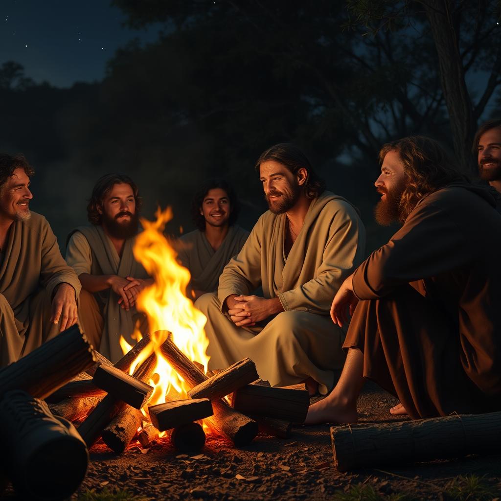 Hyper-Realistic Jesus by the Campfire: A Serene Night Scene