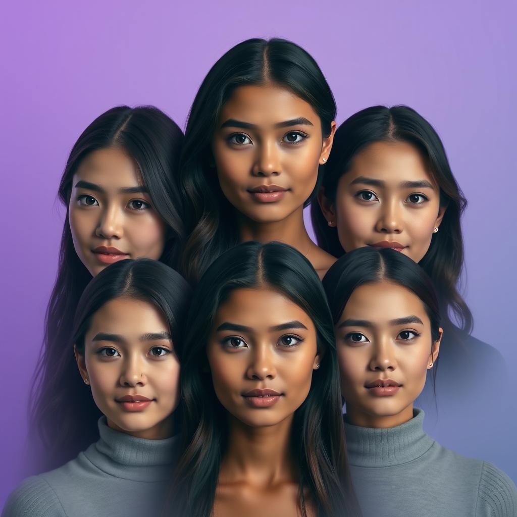 Realistic Composite Image of Six Identical Faces in Serene Background