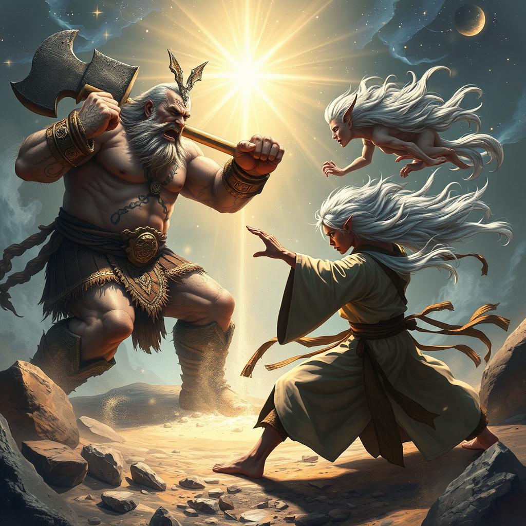 Epic Battle: Goliath Barbarian vs. Human Monk in Celestial Showdown