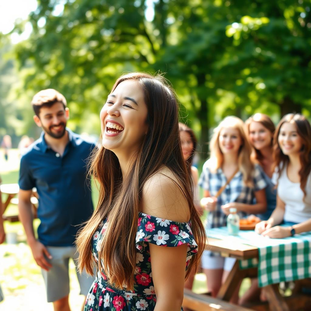 Joyful Friends Gathering in a Sunny Park - Captured Moments