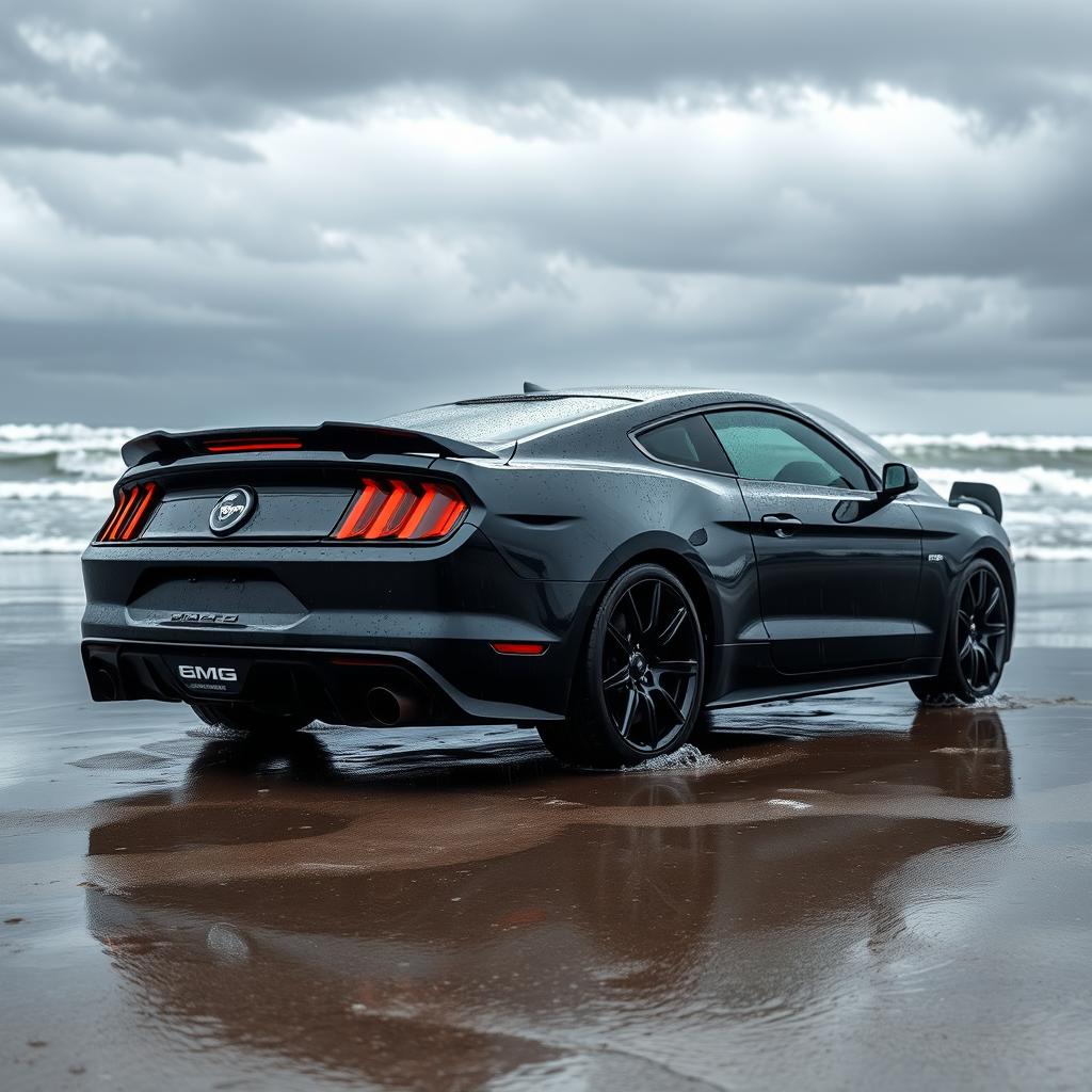 Stunning Black Mustang Captured in a Rainy Beach Storm