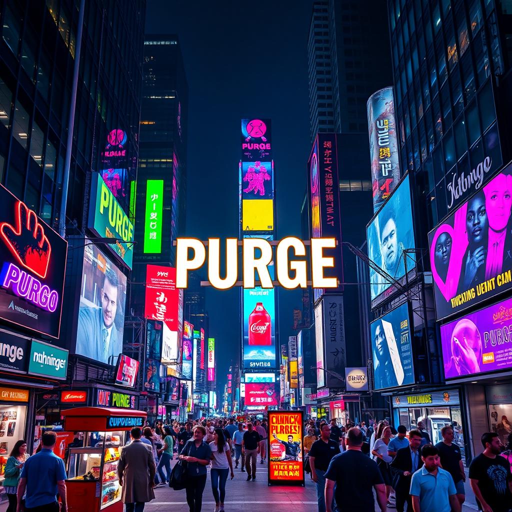 Dystopian Nightlife: Urban Cityscape with Neon 'PURGE' Sign
