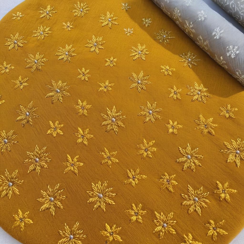 Luxurious Embroidered Fabric: Intricate Patterns and Floral Designs